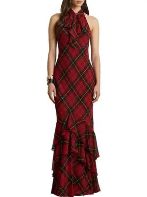 Ralph Lauren Plaid Ruffle Detail Gown - Black/red