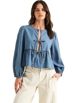 MODENAIRE Long Puff-sleeve Tie-front Peplum Blouse - Denim Blue