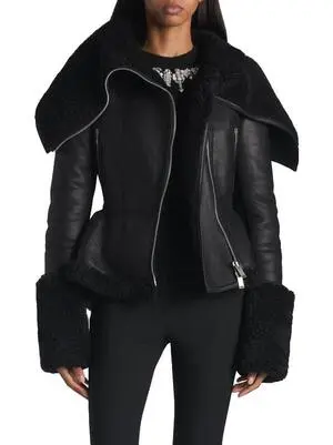 Alexander McQueen Oversized Collar Shearling Moto Jacket - Black