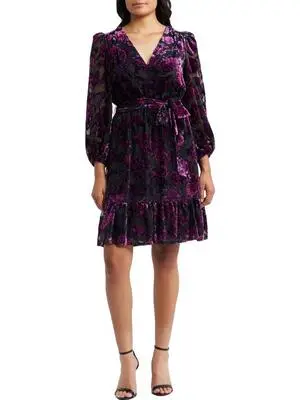 Eliza J Floral Burnout Fit & Flare Cocktail Dress - Black Wild Berry