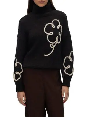 Vero Moda Floral Graphic Turtleneck Sweater - Chocolate Torte Deta