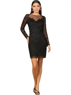 LARA NEW YORK Long Sleeve Beaded Cocktail Dress - Black