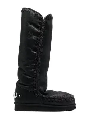 Mou Knee-high Rhinestone Logo Boots - Black