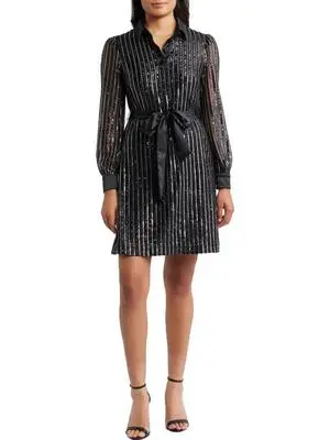 Eliza J Sequin Stripe Belted Shirtdress - Black Silver