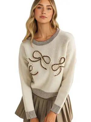 KNIT & LOUNGE Textured Bow Embroidery Striped Trim Knit Sweater - Off-white /beige