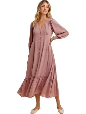 KNIT & LOUNGE Button-front Puff Sleeve Maxi Dress - Pink