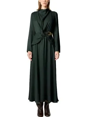 NOCTURNE Draped Belted Long-sleeve Maxi Dress - Dark Green