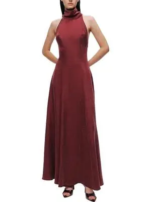 NOCTURNE Backless Tie-back Halter Maxi Dress - Burgundy
