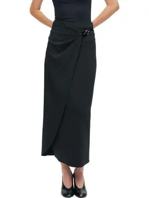NOCTURNE Ring-buckle Asymmetric Wrap Maxi Skirt - Black
