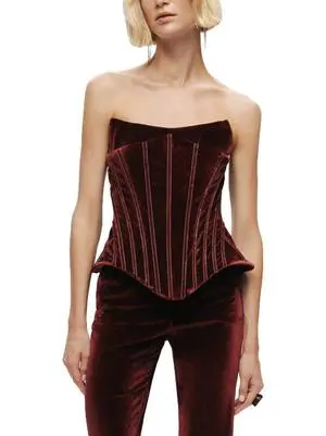 NOCTURNE Structured Velvet Strapless Bustier - Burgundy