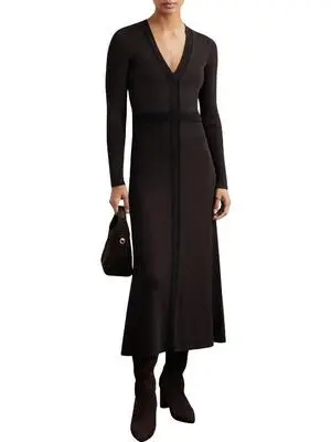 REISS Laura Ribbed Long Sleeve Midi Sweater Dress - Chocolate Brown