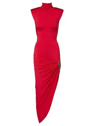 AREA Asymmetric Embellished Midi Dress - Red