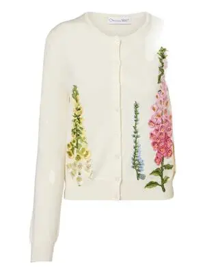 Oscar De La Renta Foxgloves Embroidered Virgin Wool Cardigan - White