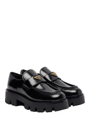 Prada Logo Leather Platform Loafers - Black