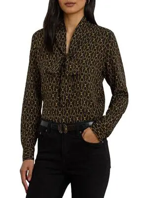 Ralph Lauren Chain Print Tie-neck Top - Black Multi