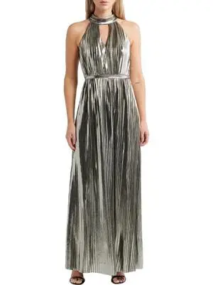 Vince Camuto Metallic Pleated Sleeveless Dress - Gunmetal