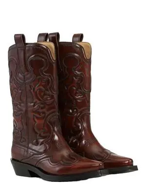 GANNI Embroidered Western Boots - Black/dark Burgundy