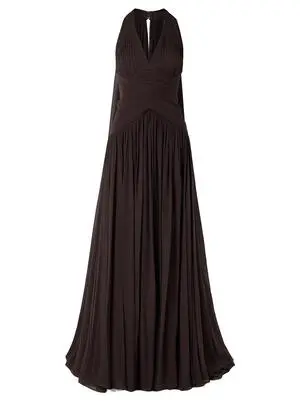 Elie Saab Cape-effect Gathered Silk-georgette Gown - Brown