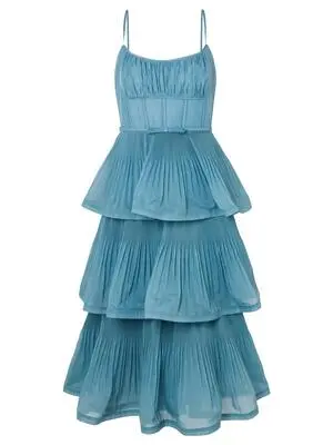 Zimmermann Tiered Pleated Voile Midi Dress - Blue