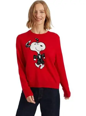 Chinti & Parker Wool-Cashmere Crewneck Dancing Snoopy Sweater Velvet Red