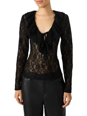 Steve Madden Elvie Sheer Lace Long Sleeve Top - Black