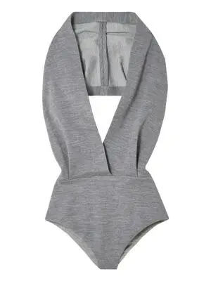Balmain Hooded Open-back Draped Wool-blend Jersey Bodysuit - Gray
