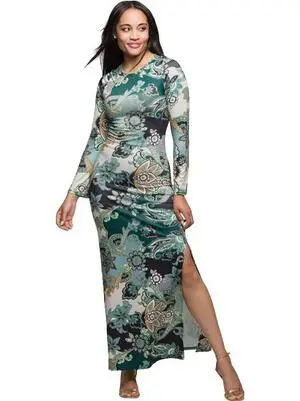 24SEVEN COMFORT APPAREL Paisley Print Long Sleeve Side Slit Maxi Dress - Green Multi