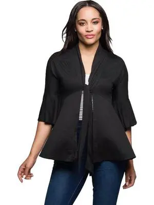 24SEVEN COMFORT APPAREL Tie-front Bell Sleeve Cardigan - Black
