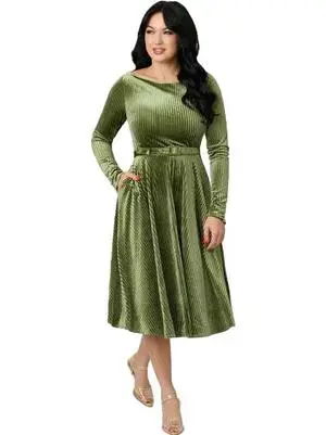 Unique Vintage Long Sleeve Belted Swing Dress - Olive Green