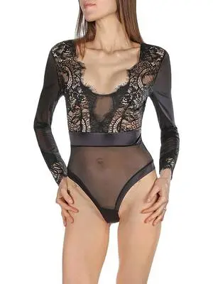 MEMOI Josephine Long Sleeve Thong Bodysuit - Black