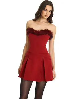 MISS CIRCLE Nalia Faux Fur Trimmed Mini Dress - Crimson