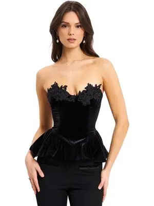 MISS CIRCLE Velvet Peplum Top With Lace Trim - Black