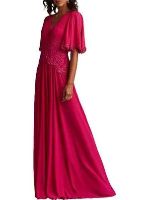 Tadashi Shoji Lace Detail Flutter Sleeve Chiffon Gown - Hibiscus