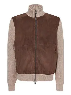 Corneliani Contrast Knitted Leather And Wool-blend Jacket - Brick Brown