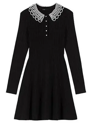 Maje Beaded-collar Stretch-knit Mini Dress - Black