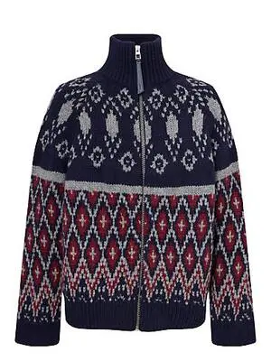 Loewe Funnel-neck Patterned Wool Blend Cardigan - Navy Blue/grey