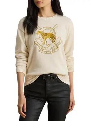 Ralph Lauren Embroidered Cotton Crewneck Sweater - Mascarpone Cream