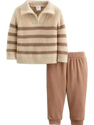 Nordstrom Stripe Quarter Zip Sweater & Joggers Set - Brown Affogato - Beige Swan