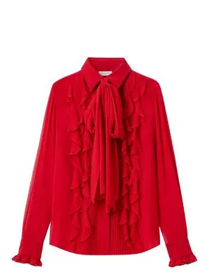 Lafayette 148 New York Silk Georgette Ruffle Tie Neck Blouse - Spark
