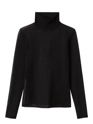 Lafayette 148 New York Sheer Cotton Turtleneck With Swarovski Crystals - Black