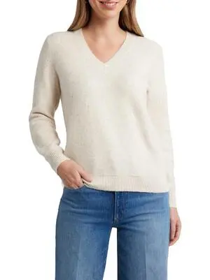 Caslon Sequin V-neck Sweater - Beige Oatmeal Light Heather