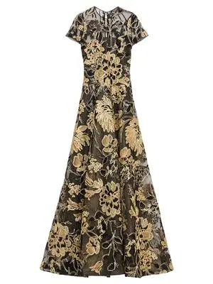 Naeem Khan Metallic Embroidered A-line Gown - Blackgold