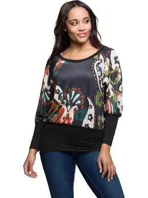 24SEVEN COMFORT APPAREL Paisley Print Dolman Sleeve Top - Gray Multi