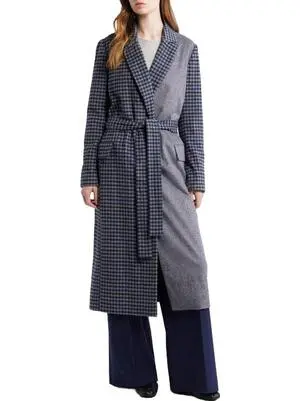Dra Maggie Blockcheck Wool Blend Wrap Coat - Navy Check