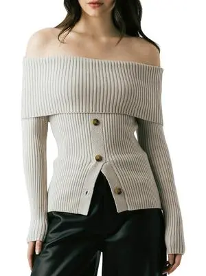 Blanknyc Off-the-shoulder Ribbed Button Sweater - In The Clear