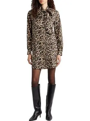 Caslon Leopard Print Long Sleeve Shift Dress - Tan- Black Sarah Leopard