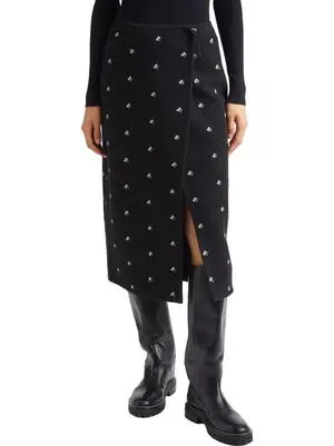 RIER Walker Floral Embroidered Wool Fleece Wrap Skirt - Black Flowers
