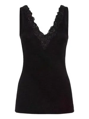 Brunello Cucinelli Ribbed Lace Trim Top - Black