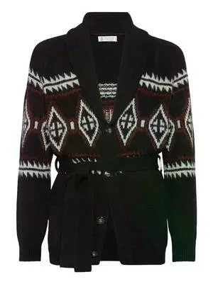 Brunello Cucinelli Geometric-jacquard Belted Cardigan - Black