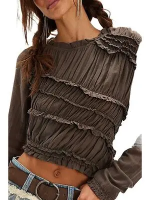 Free People Ruched Long Sleeve Top - Chocolate